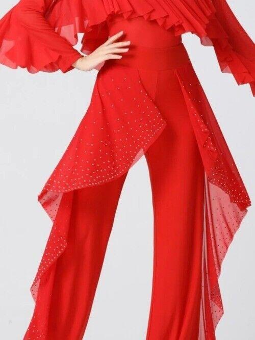 Womens High Waist Ruffle Pants Rhinestones Ballroom Latin Dance ...
