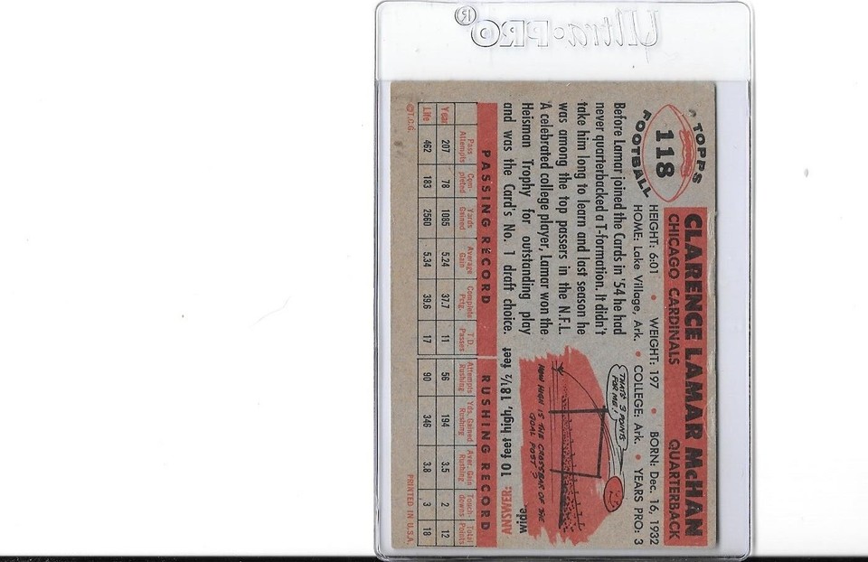 1956 TOPPS FOOTBALL LAMAR MCHAN ROOKIE SP CARD #118 CHICAGO CARDINALS ...