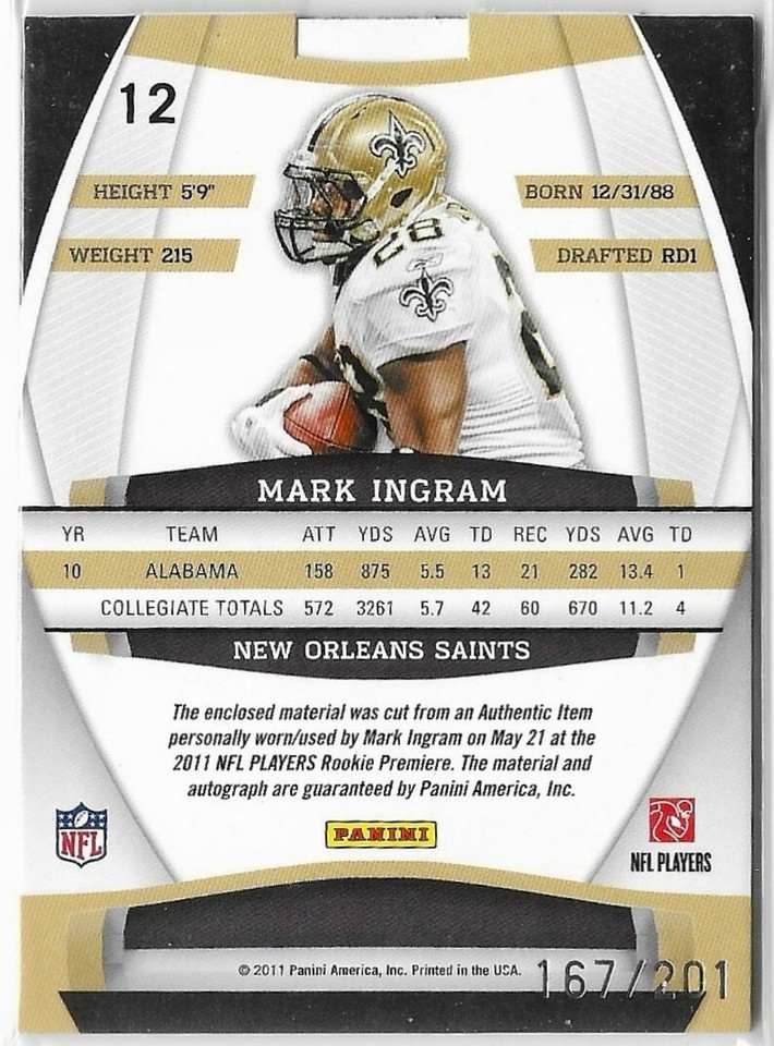 2011 Panini Gridiron Gear Mark Ingram Rookie Jersey Autograph Card /201 ...