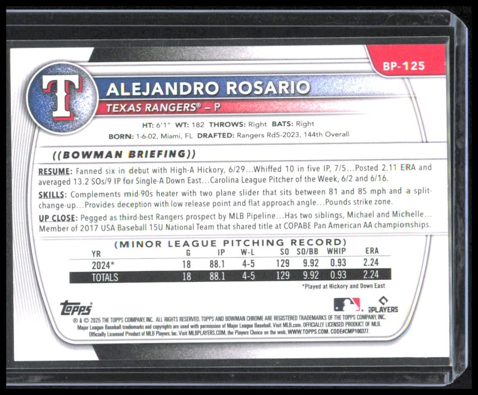 2025 Bowman #BP-125 Alejandro Rosario Prospects Purple #/250 | eBay UK