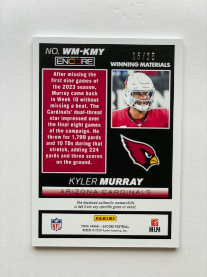 2024 Encore Kyler Murray WINNING MATERIALS /35 - 3 COLOR PATCH SSP WM ...