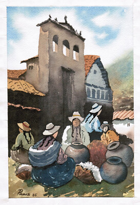 ORIGINAL WATERCOLOR: PERUVIAN WOMEN IN VILLAGE. SIGNED, 7" x 10 ...