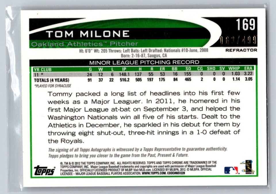 Tom Milone 2012 Topps Chrome Autographed Rookie Refractor 064/499 A’s ...