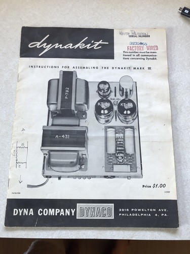 Vintage Dynaco DYNAKIT Mark III MKIII MK3 Tube Amp Manual w/ Original ...