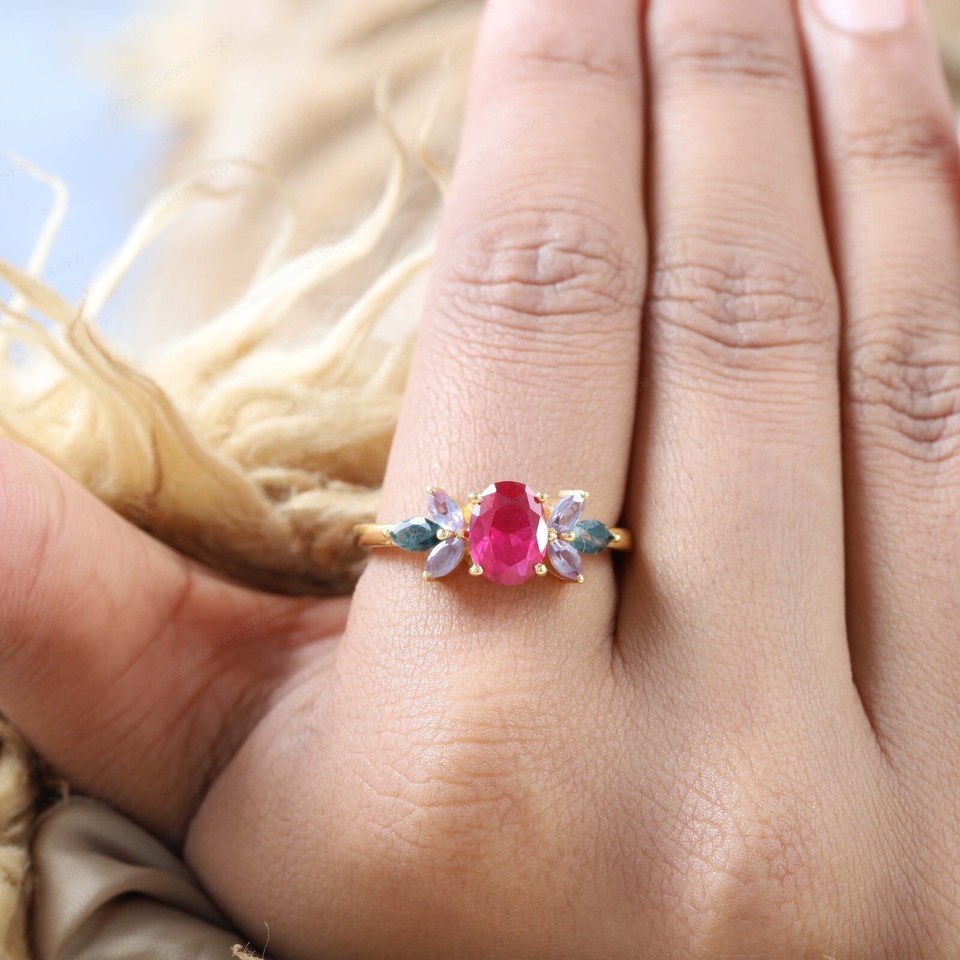 14k Yellow Gold 8x6 MM Oval Shaped Natural Ruby Moss Agate Alexandrite ...