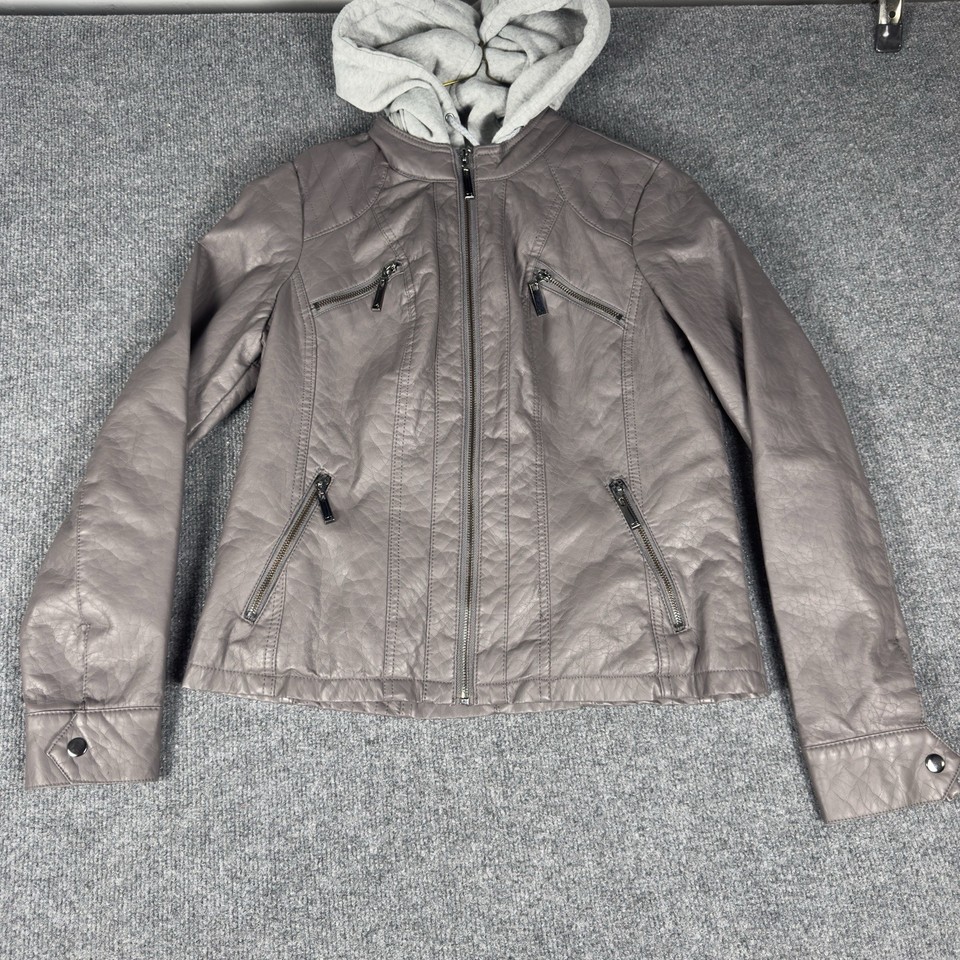 J2 Moto Jacket Men's Large Gray Faux Leather Lined Removable Hood ...