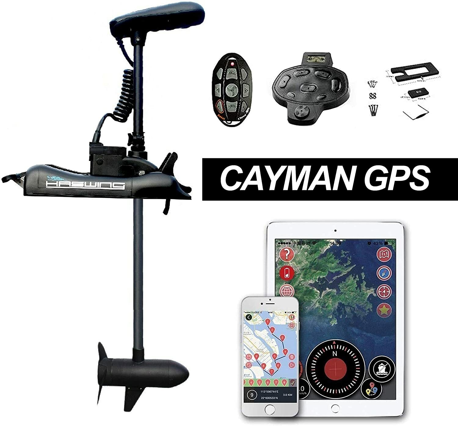 HASWING GPS TROLLING MOTOR 12V 55LB 54" Shaft w Anchor Remote+Foot ctrl ...