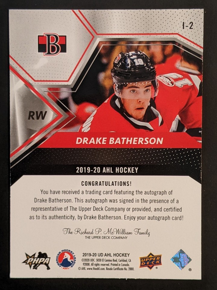 Drake Batherson AHL Impact Autograph Auto Card I-2 2019-20 Upper Deck ...