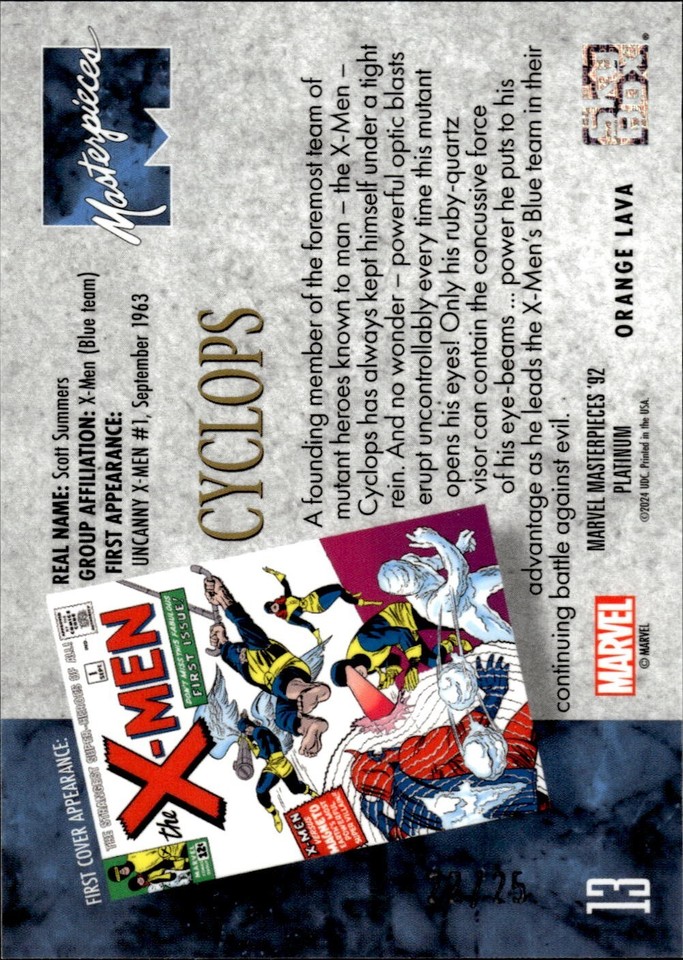 MARVEL MASTERPIECES PLATINUM 92 2024 ORANGE LAVA CYCLOPS PMG CARD /25 ...