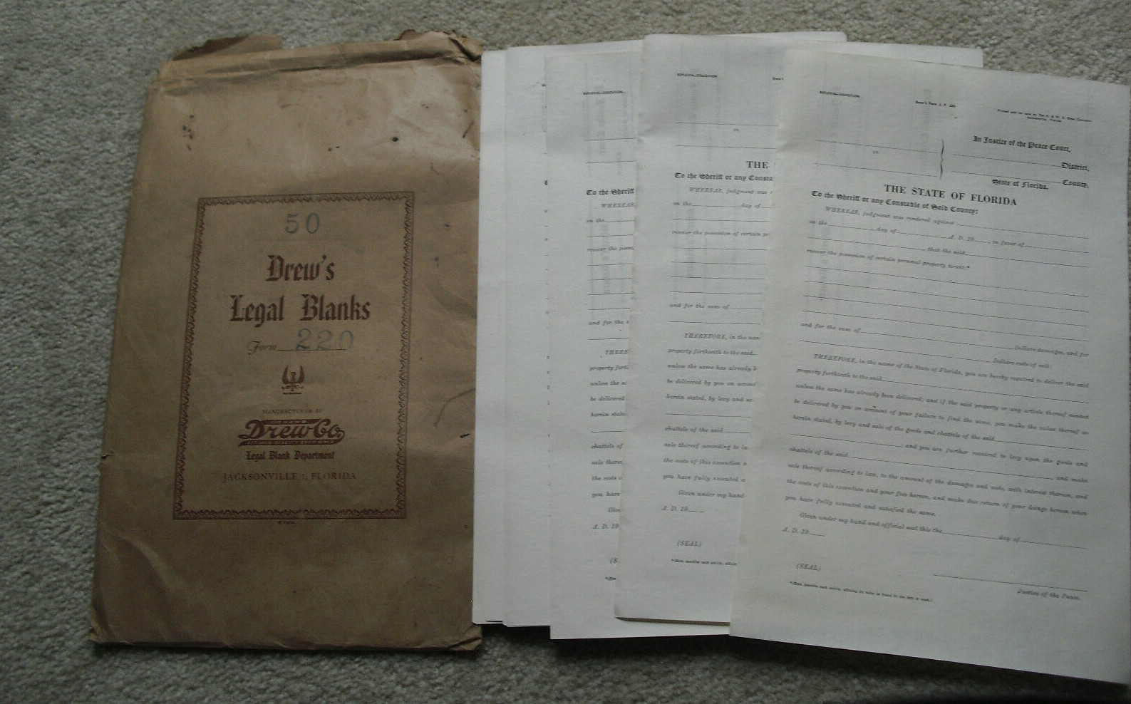 Original lot of 40+ Vintage Drew's Forms Blank Florida Replevin ...