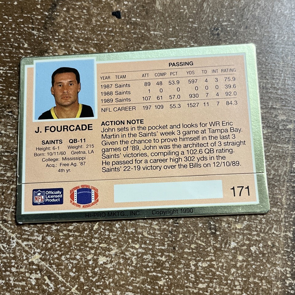 1990 ACTION PACKED FOOTBALL CARD NEW ORLEANS SAINTS #171 JOHN FOURCADE ...