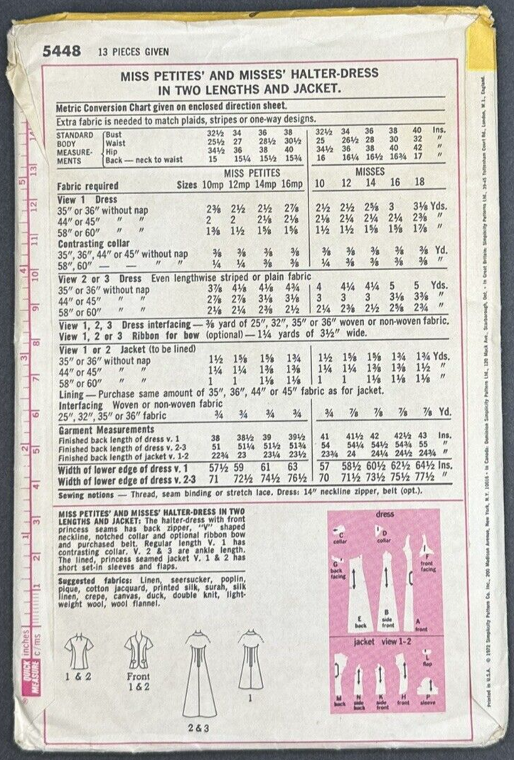 Halter Dress Jacket Simplicity 5448 Pattern Size 18 1970's Vintage ...