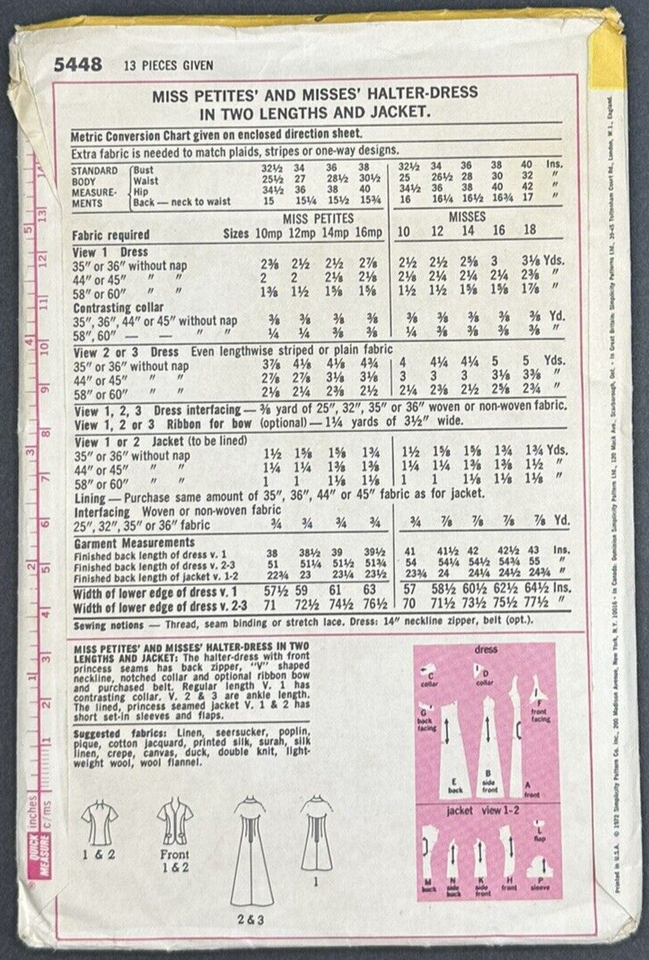 Halter Dress Jacket Simplicity 5448 Pattern Size 18 1970's Vintage Fashion | eBay