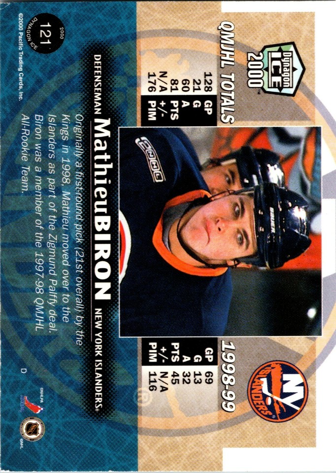 Mathieu Biron New York Islanders 2000 Pacific Dynagon Ice Rookie RC ...