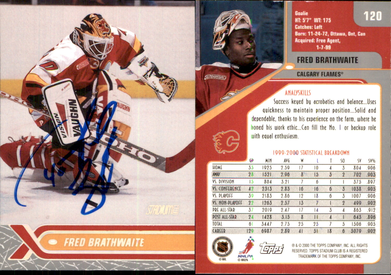 Fred Brathwaite Signed 2000-01 Stadium Club #120 Card Calgary Flames ...