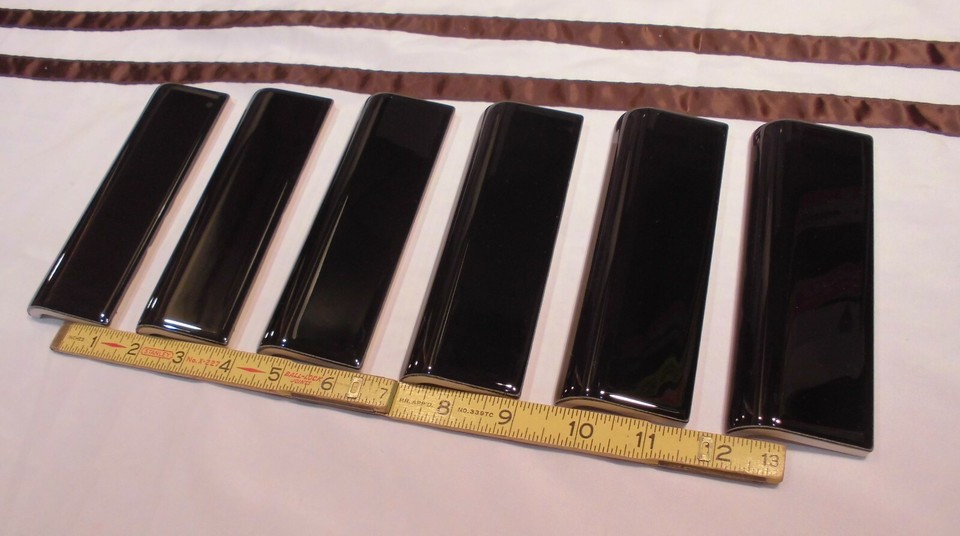 6 pcs. Glossy Black 2" X 6" X 5/8" Ceramic Radius Bullnose Tiles, Mud ...