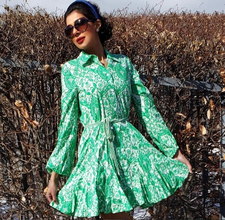 ZARA GREEN PAISLEY FLORAL PRINT MINI SHIRT DRESS VOLUMINOUS SKATER ...