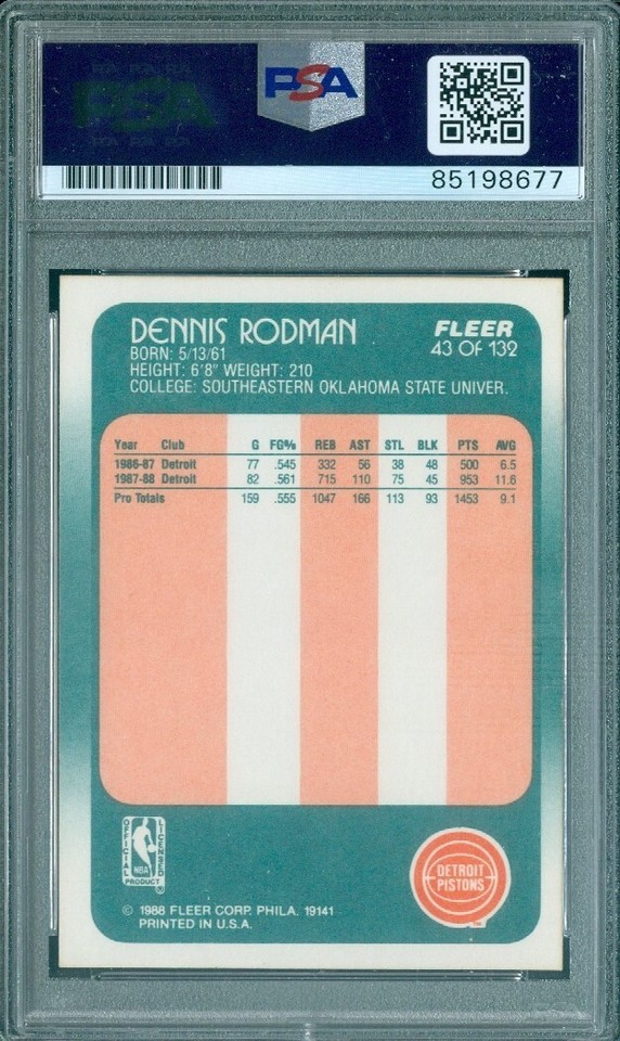 Dennis Rodman 1988 Fleer #43 RC Rookie Autograph PSA DNA Gem Mint 10 ...