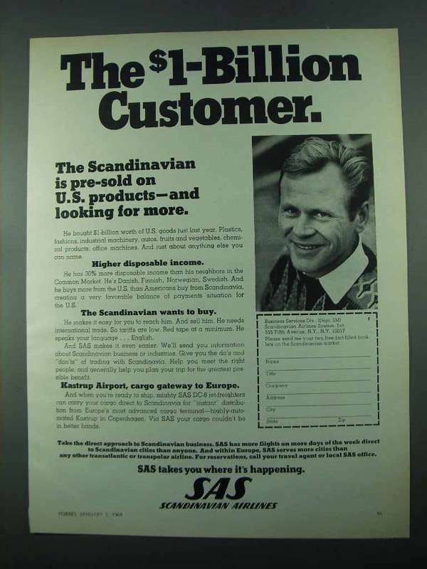 1969 SAS Scandinavian Airlines Ad - The Customer | eBay