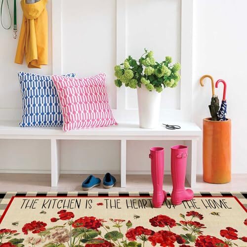 Spring Summer Farmhouse Kitchen Rugs and Mats Set of 2,Geranium Bee ...