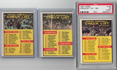 1961 Topps Football checklists - all 3, unmarked, one PSA 5 (MC) - 67 ...