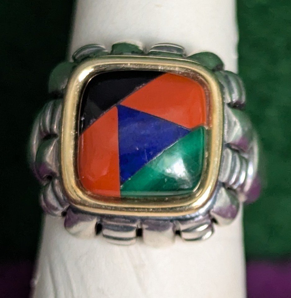 Asch Grossbardt Sterling 18K Gold Gemstone Mosaic Inlay Ring Size 6 1/4 ...