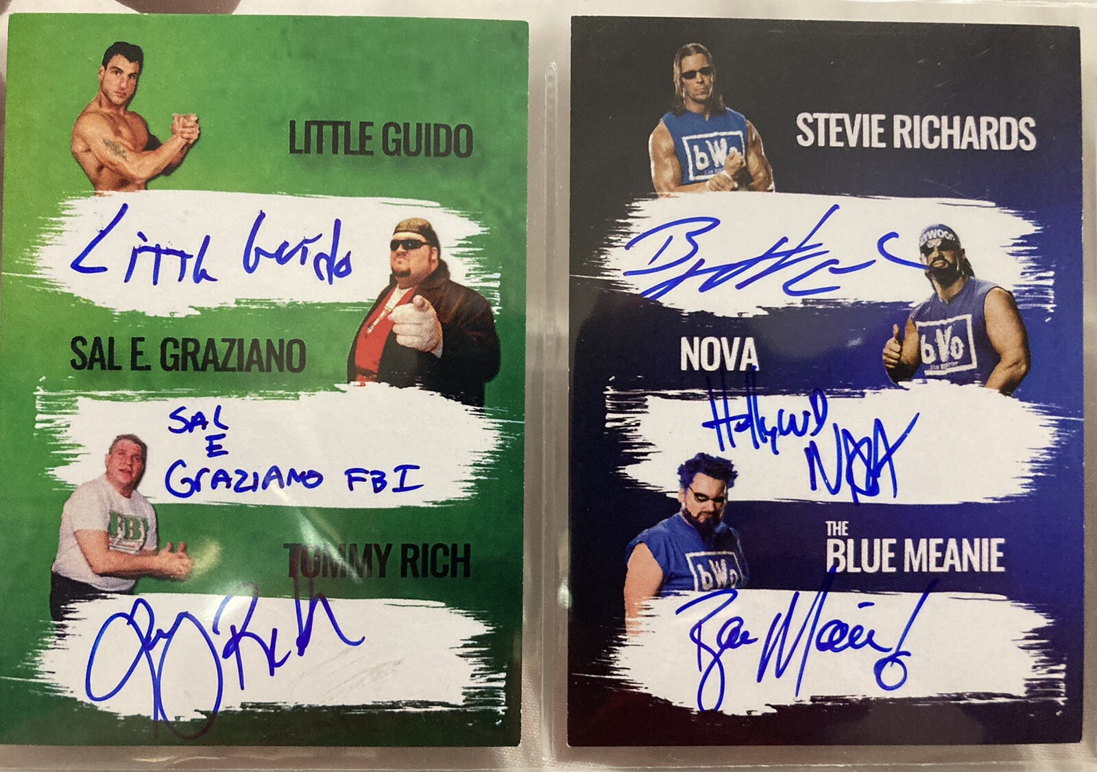 ECW triple auto cards BWO FBI Stevie Blue Meanie Nova Guido Tommy Rich ...