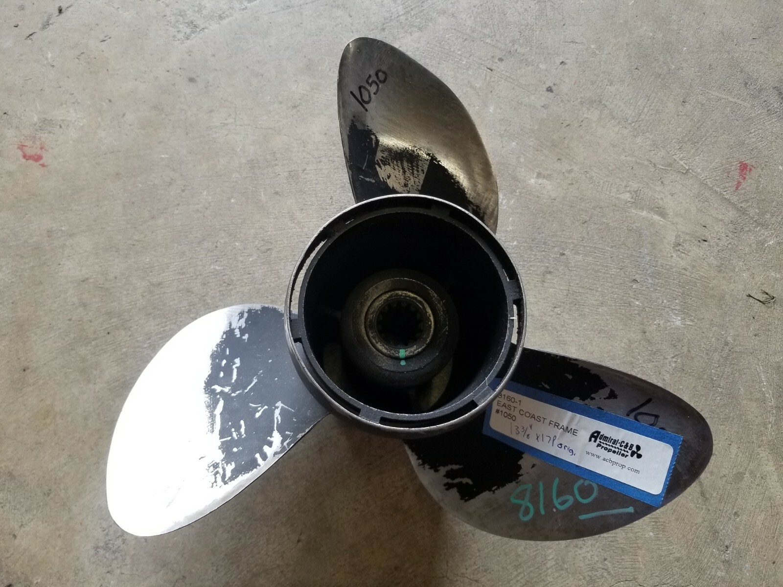 13 3/8" X 17P OMC STAINLESS PROP, FITS OMC 13 SPLINE, DIAMETER WORN ...