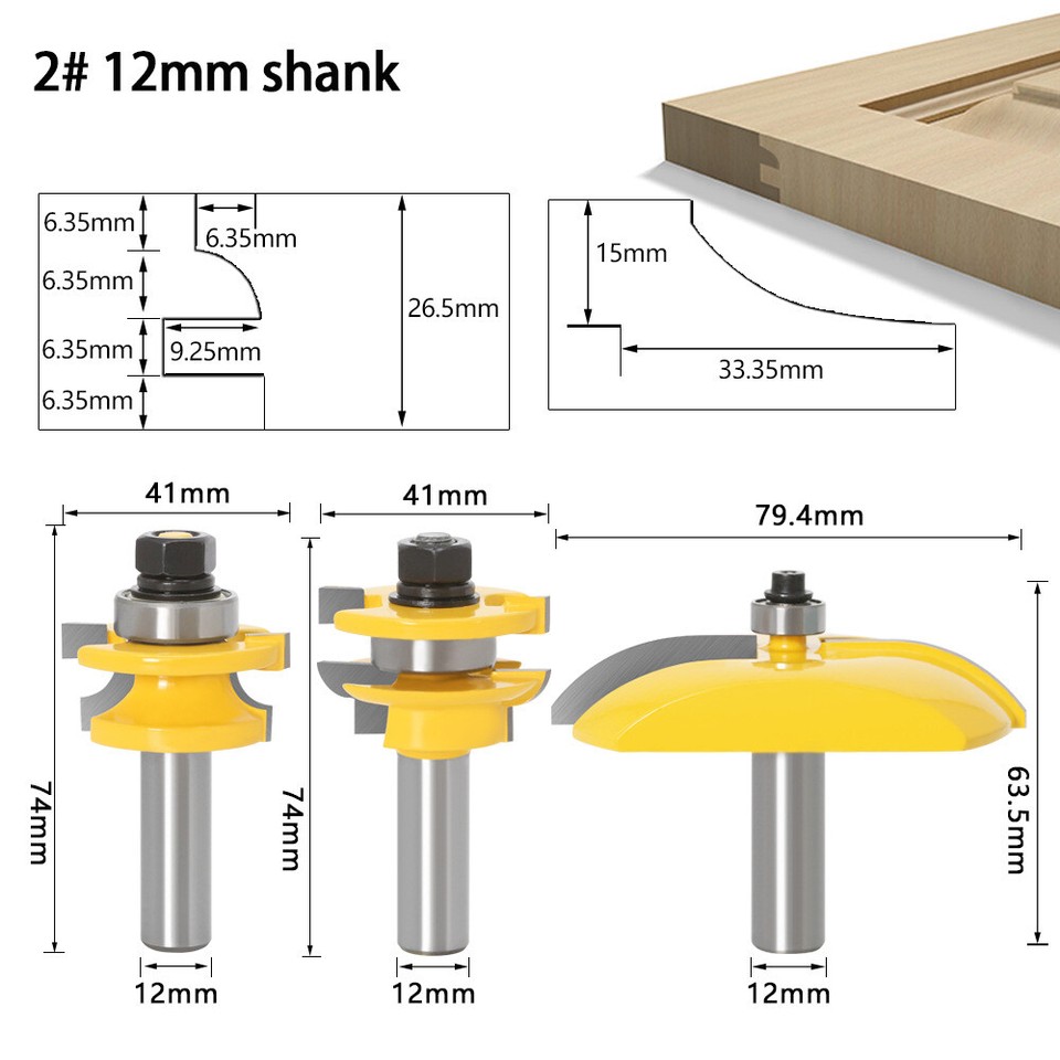 12mm Shank Joint Rail & Stile Router Bit Tongue & Groove Raised Panel ...
