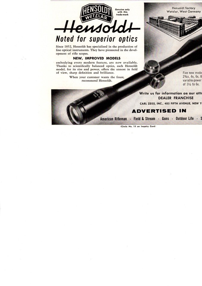 1959 HENSOLDT GUN SIGHT CORP PRINT AD, VTG FIREARMS GUN MOUNT SIGHTS ...