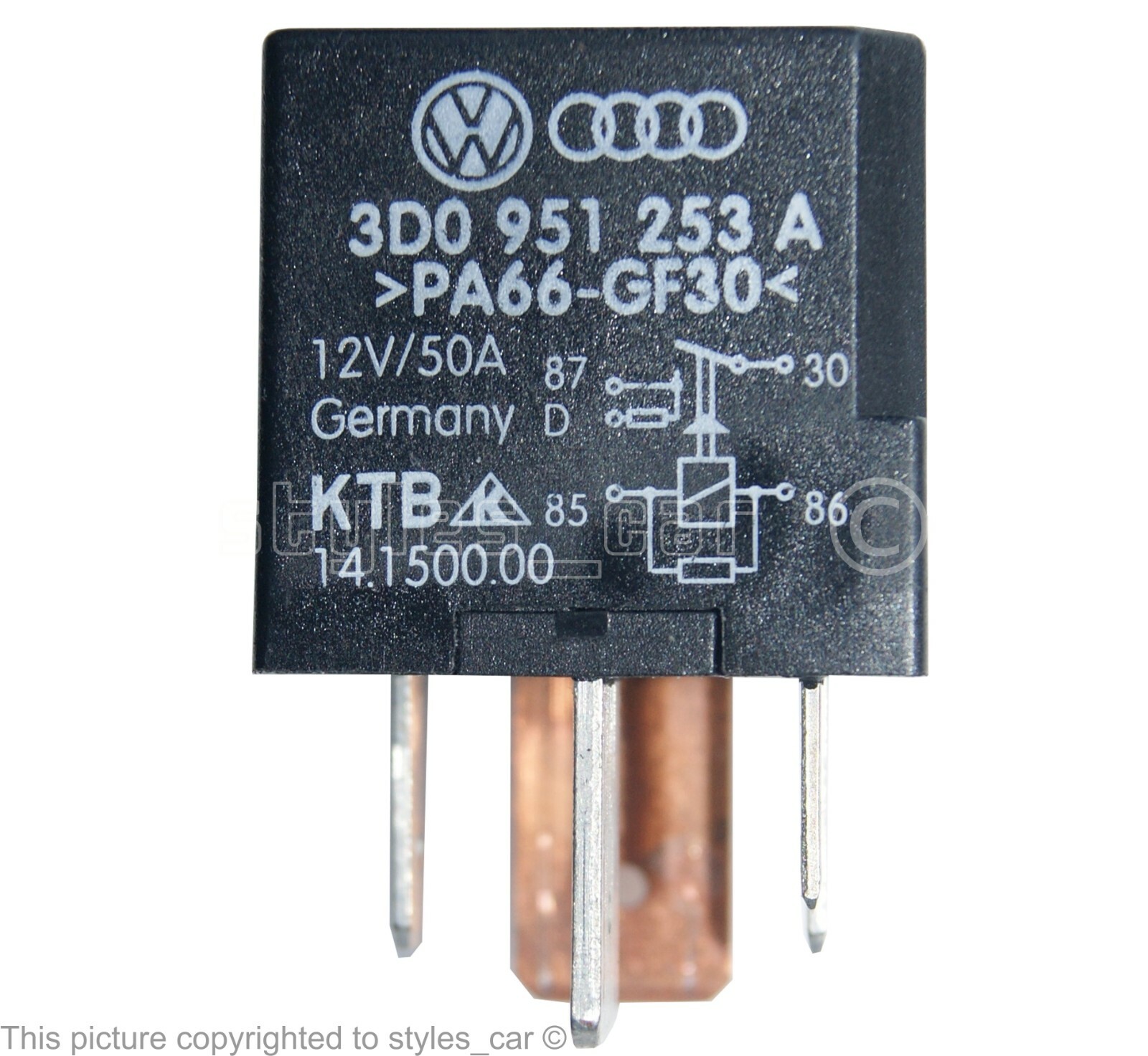 3D0951253A Audi VW Seat Skoda Black Relay (No.433) 5-Pin 12V/50A KTB ...