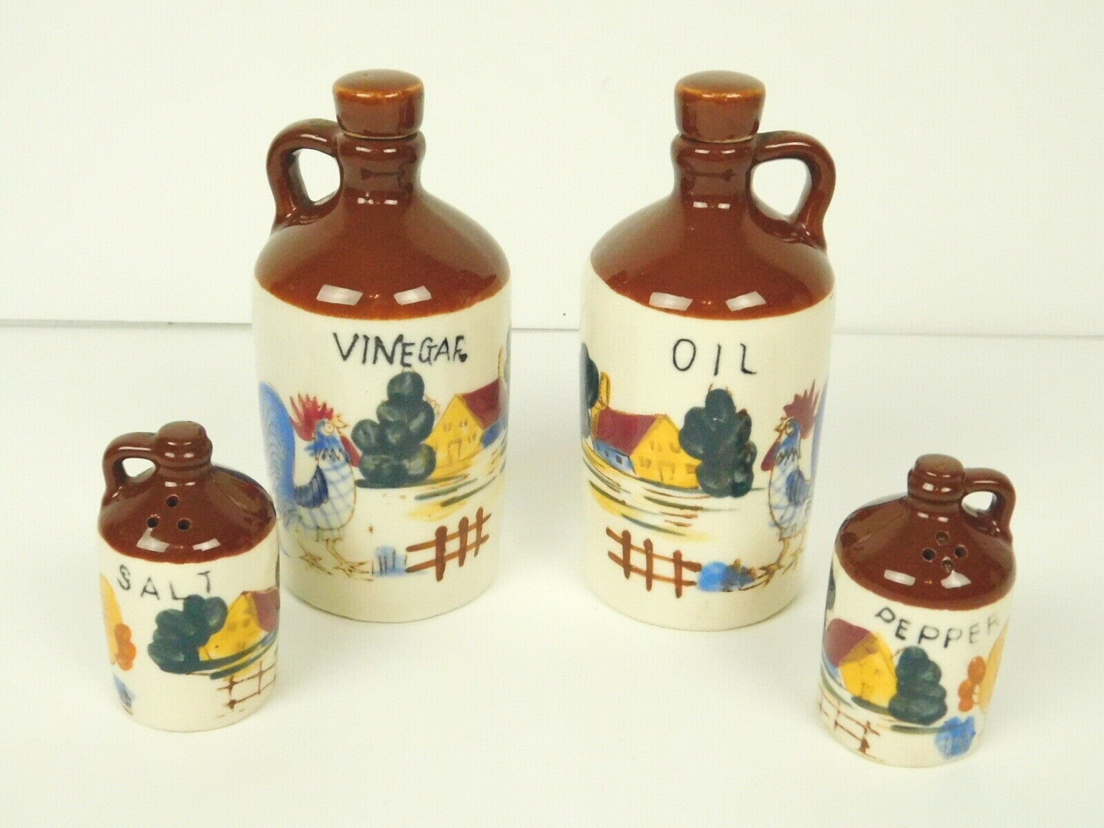 Vintage Condiments Set Oil & Vinegar Salt Pepper Shakers Japan Roosters ...