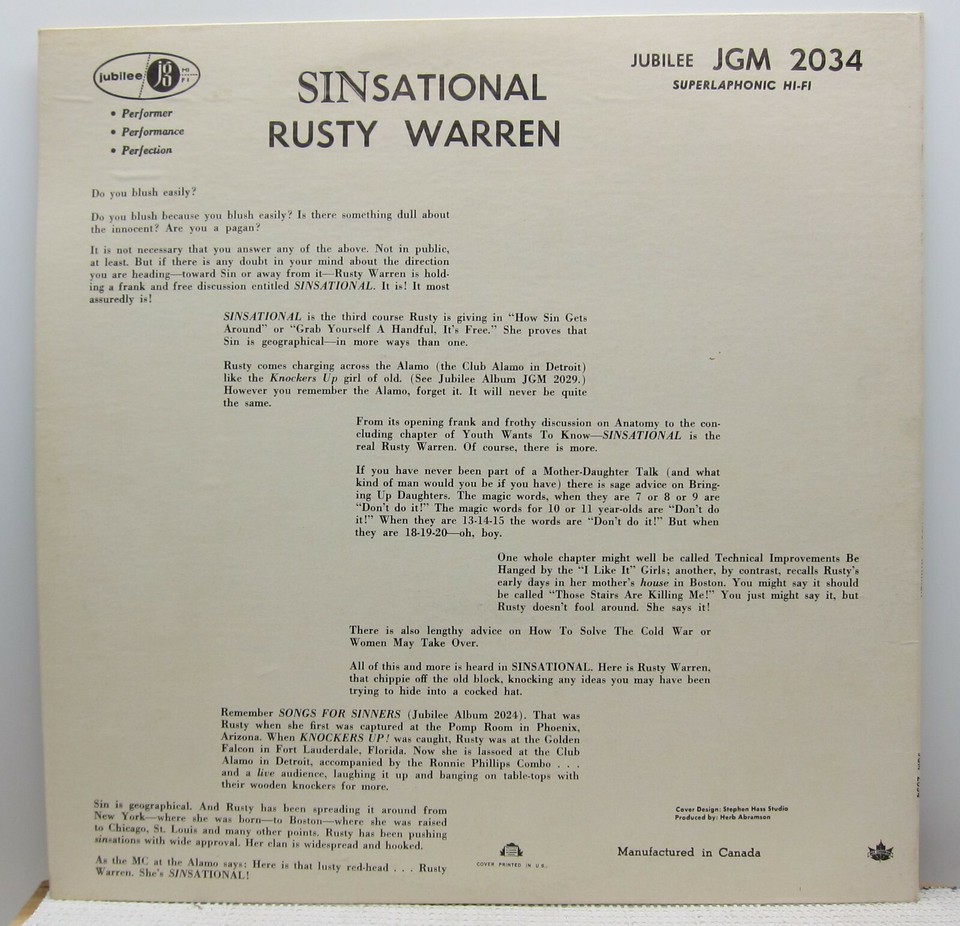 Rusty Warren - Sin-Sational - Jubilee Records 1961 | eBay