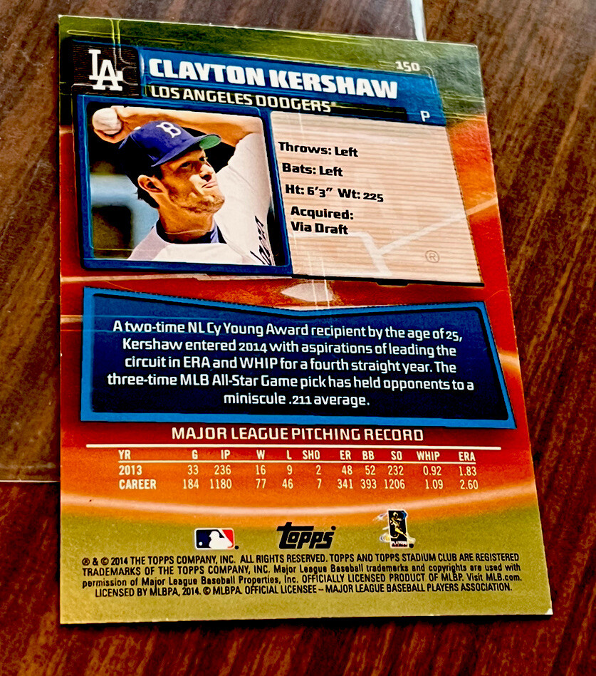 Clayton Kershaw 2014 Topps Stadium Club Card # 150 - LA Dodgers | eBay