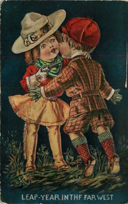 Embossed Leap Year Postcard Little Cowgirl holds Gun on Dapper Little ...