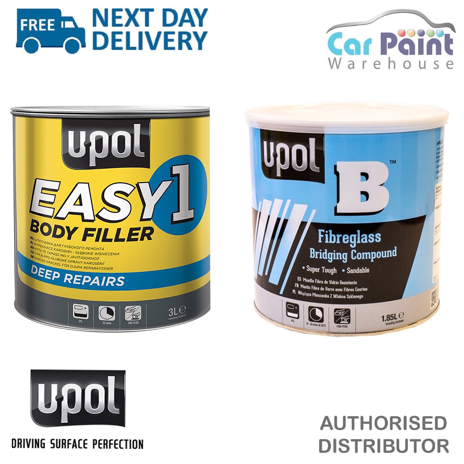 U-POL Easy 1 Body Filler 3L + Upol B GlassFibre Bridging Compound 1.85L ...