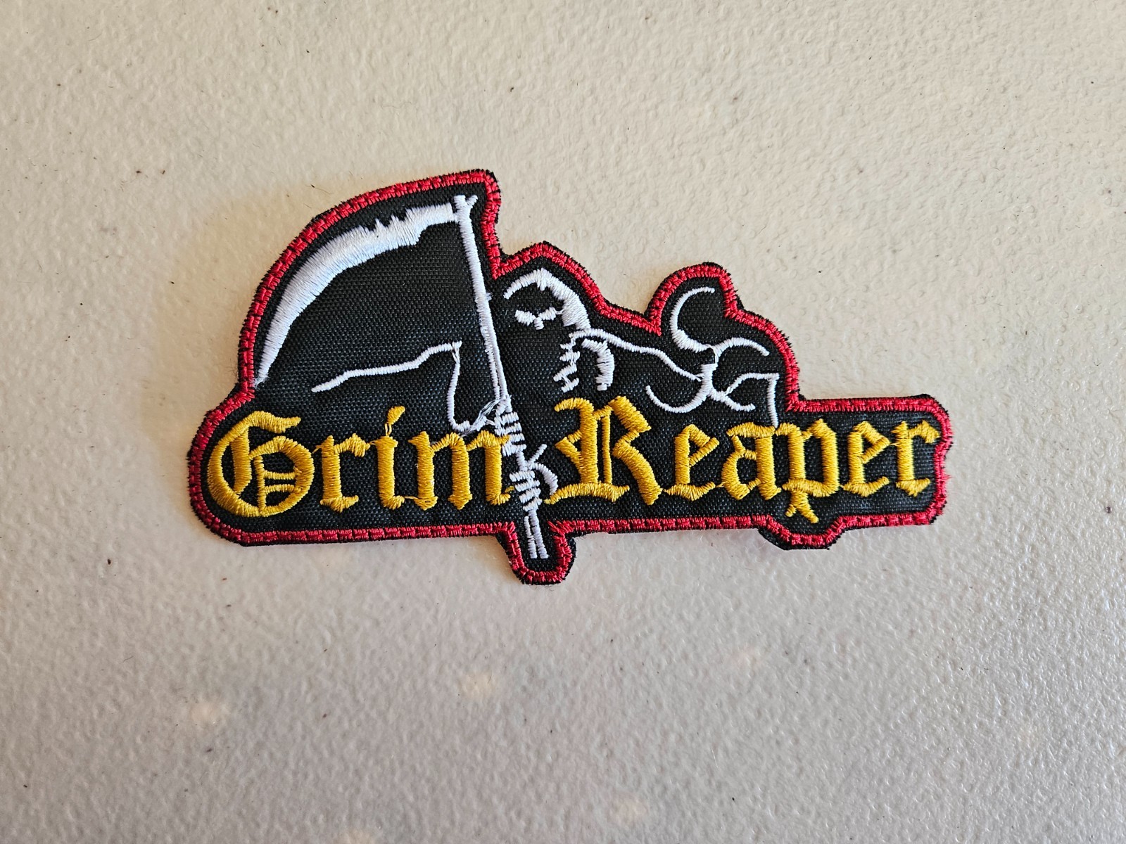 GRIM REAPER, GOLDEN AND WHITE, RED BORDER, SEW ON EMBROIDERED PATCH | eBay