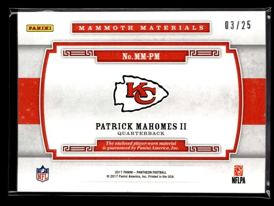 2017 Panini Pantheon Patrick Mahomes II Rookie Mammoth Patch Bronze /25 ...