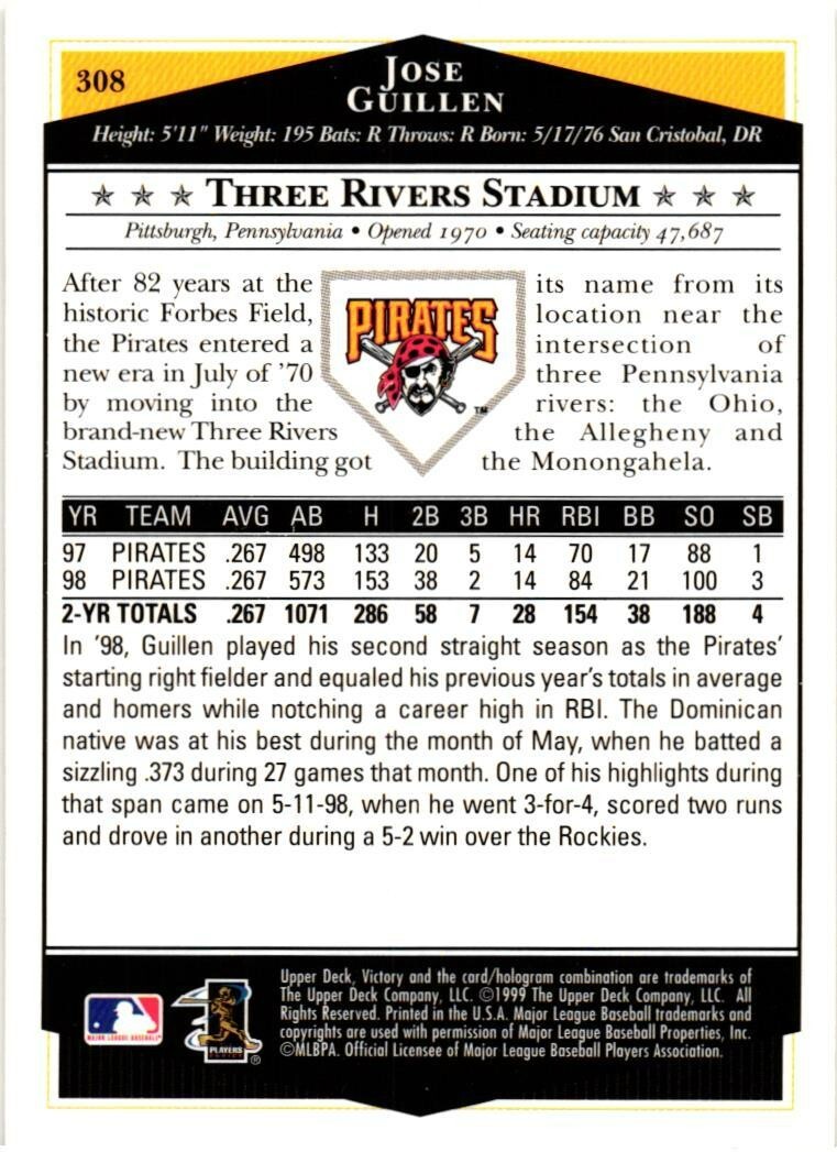 1999 UPPER DECK VICTORY JOSE GUILLEN #308 CARD $0.99 VALUE BOX | eBay