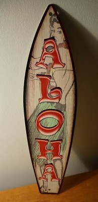 ALOHA Hula Dancer Surfboard Sign Retro Luau Tiki Bar Coastal Beach ...
