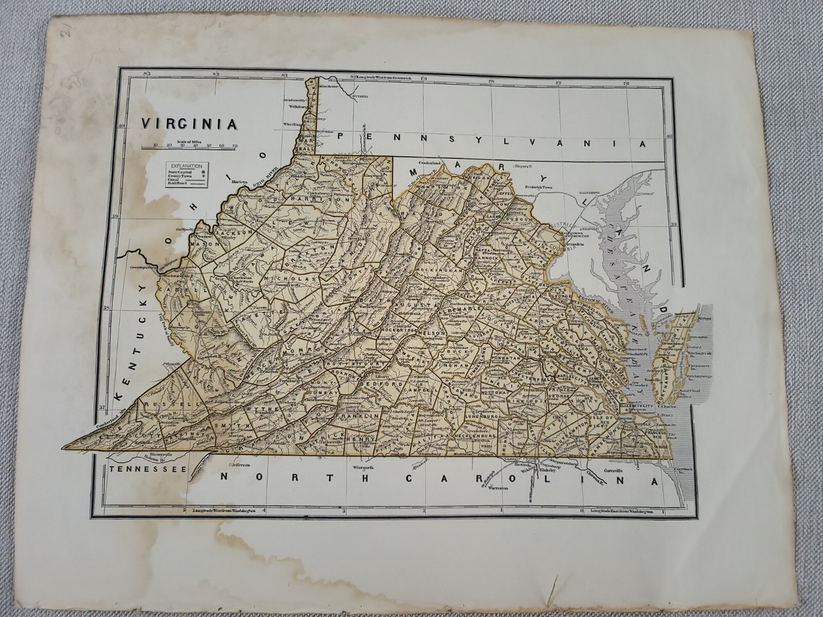 Pre Civil War Virginia State Map Counties With Large Free Black