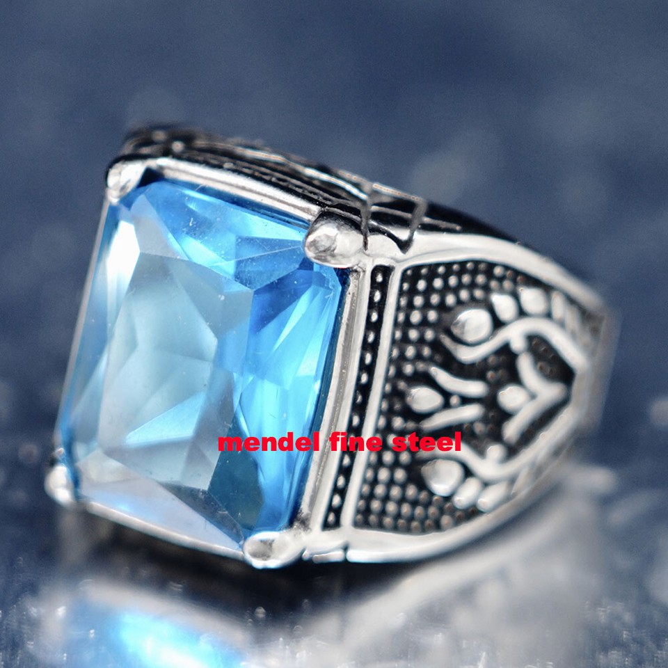 MENDEL Mens Blue CZ Aquamarine Square Stone Ring Stainless Steel Size 7 ...