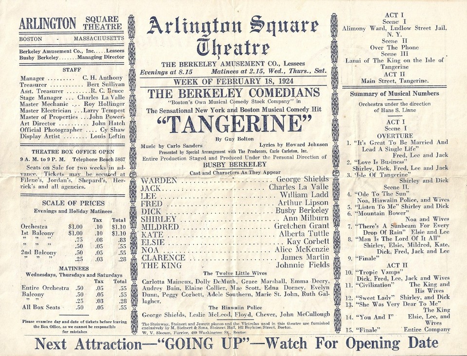 Busby Berkeley "TANGERINE" Berkeley Comedians Stock Company 1924 Boston ...