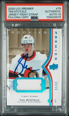 2020 UD Premier NHL Tim Stutzle Signed Fight Strap Rookie Patch /15 PSA ...