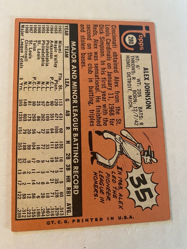 1969 Topps #280 Alex Johnson Cincinnati Reds | eBay