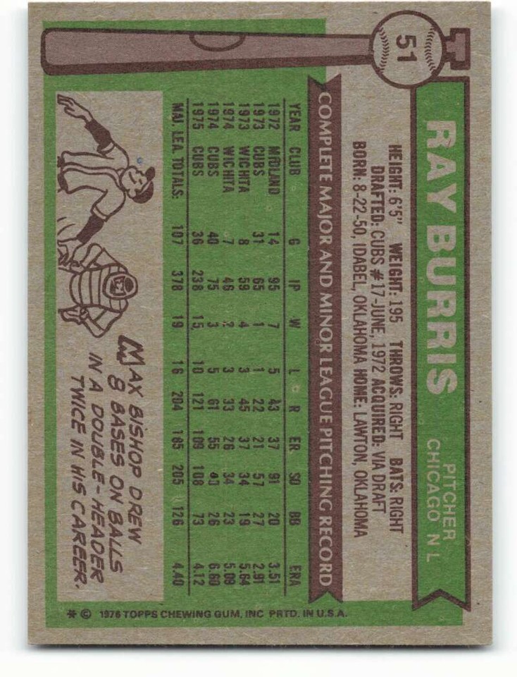 1976 Topps #51 Ray Burris NM+ Cubs ID:247732 | eBay