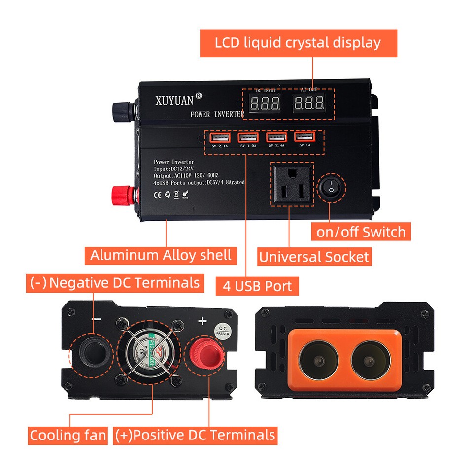 Modified Sine Wave Power Inverter 16000W 12V DC to 110V AC LCD RV Car ...