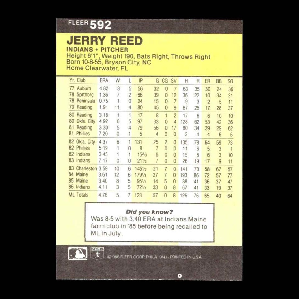 Jerry Reed 1986 Fleer Rookie Cleveland Indians #592 R318I 92 | eBay