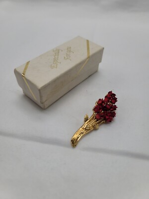 Dozen Red Roses Brooch Pin Gold Tone Floral Bouquet Long Stem Vtg ...