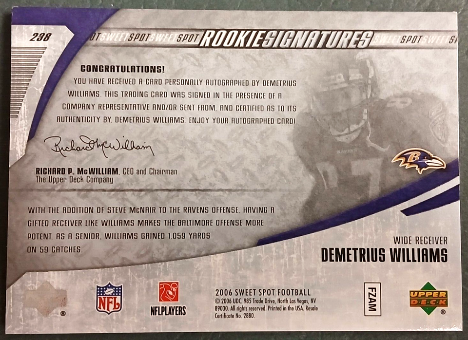 2006 Upper Deck Sweet Spot DEMETRIUS WILLIAMS "Rookie Signatures" AUTO ...